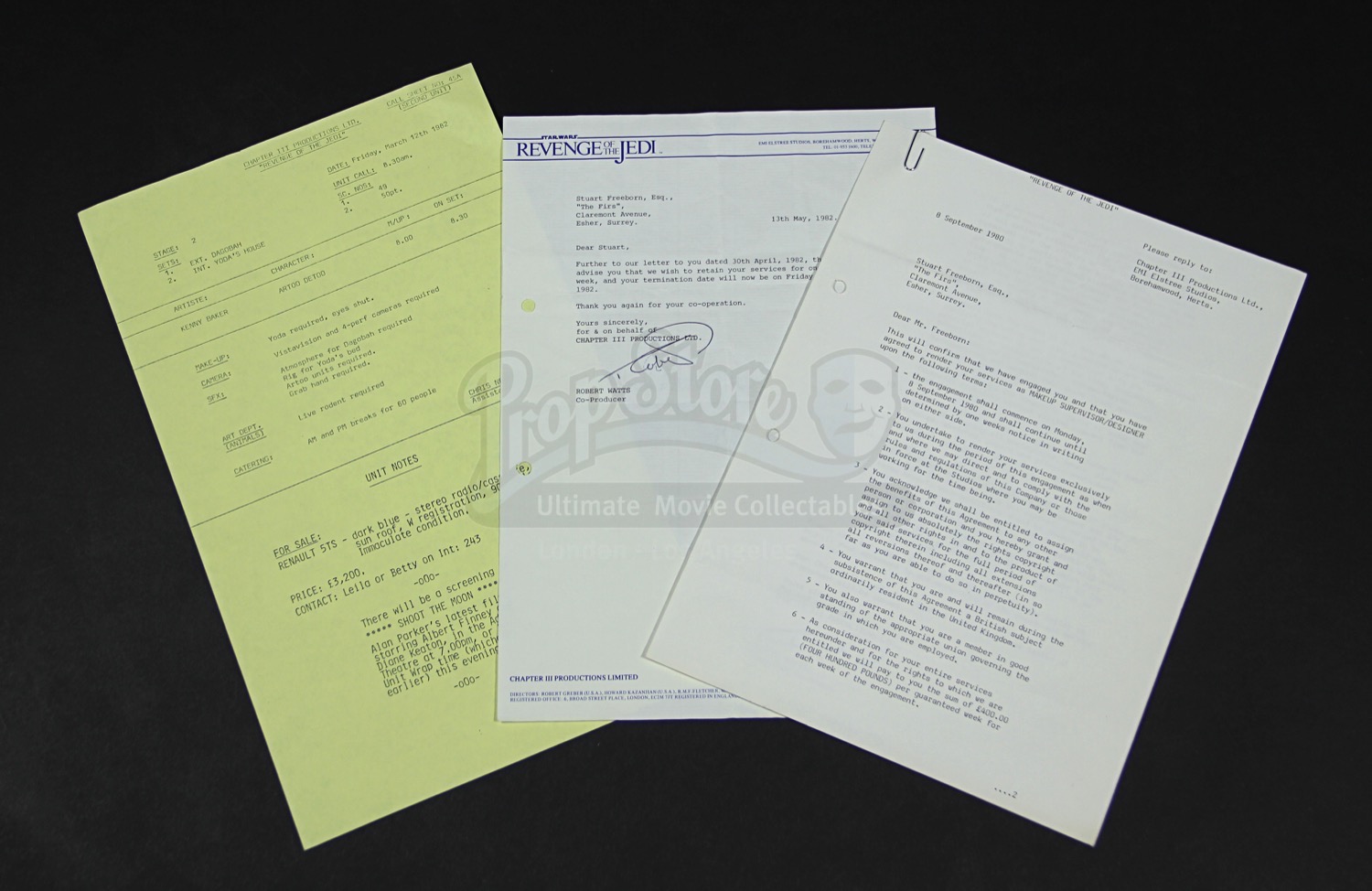 Stuart Freeborn's Contract and Production Paperwork
